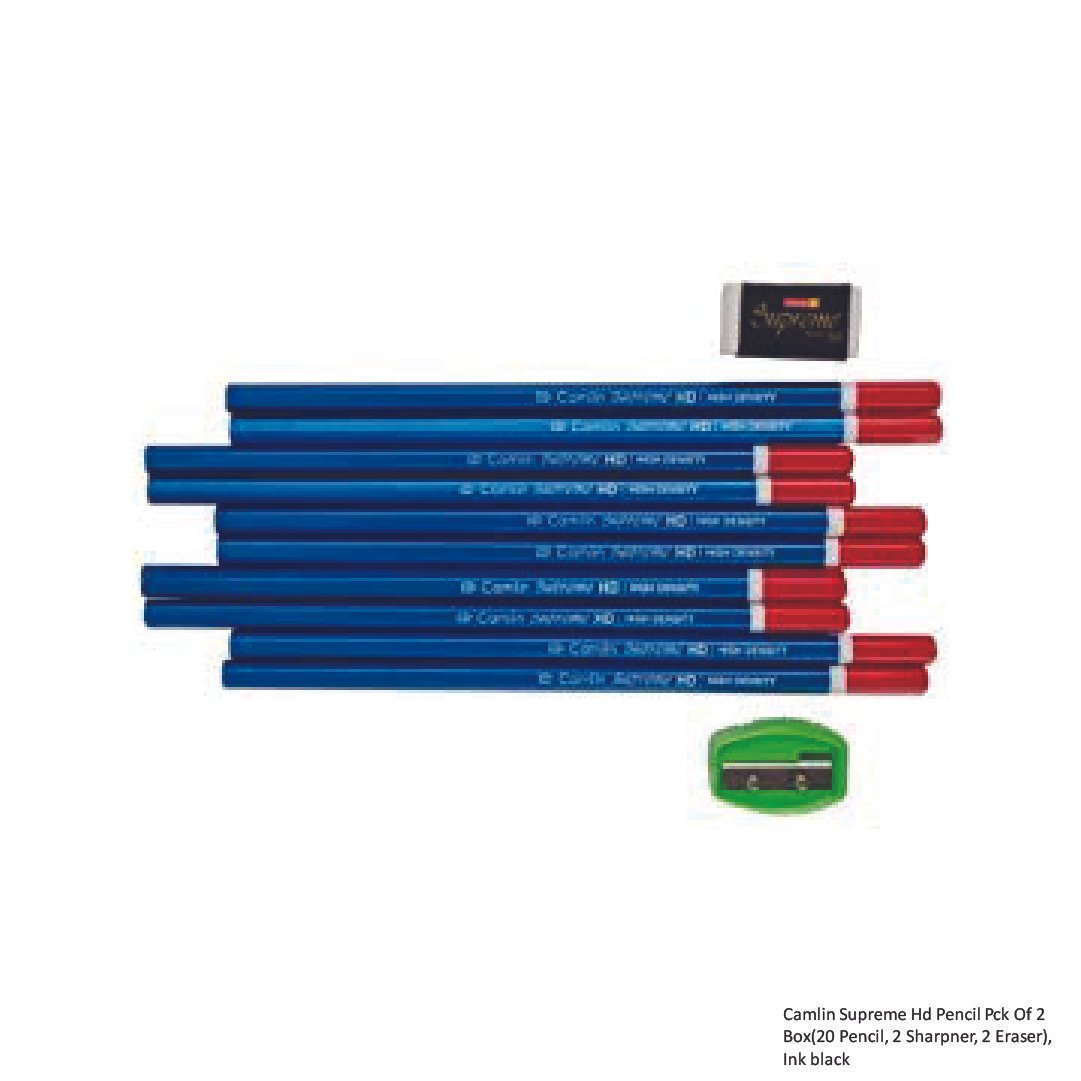 Camlin Supreme Hd Pencil Pck Of 2 Box(20 Pencil, 2 Sharpner, 2 Eraser), Ink black - officeoye